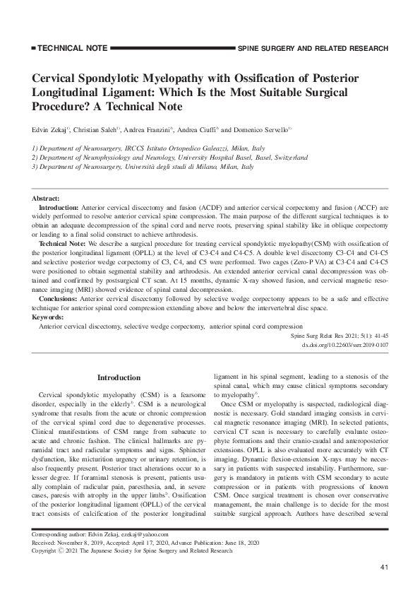 Pdf Cervical Spondylotic Myelopathy With Ossification Of Posterior