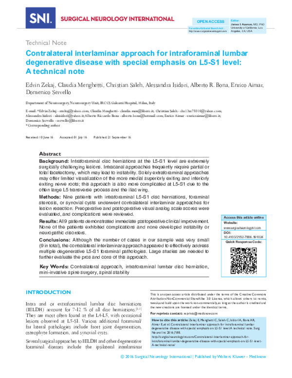 (PDF) Contralateral interlaminar approach for intraforaminal lumbar ...