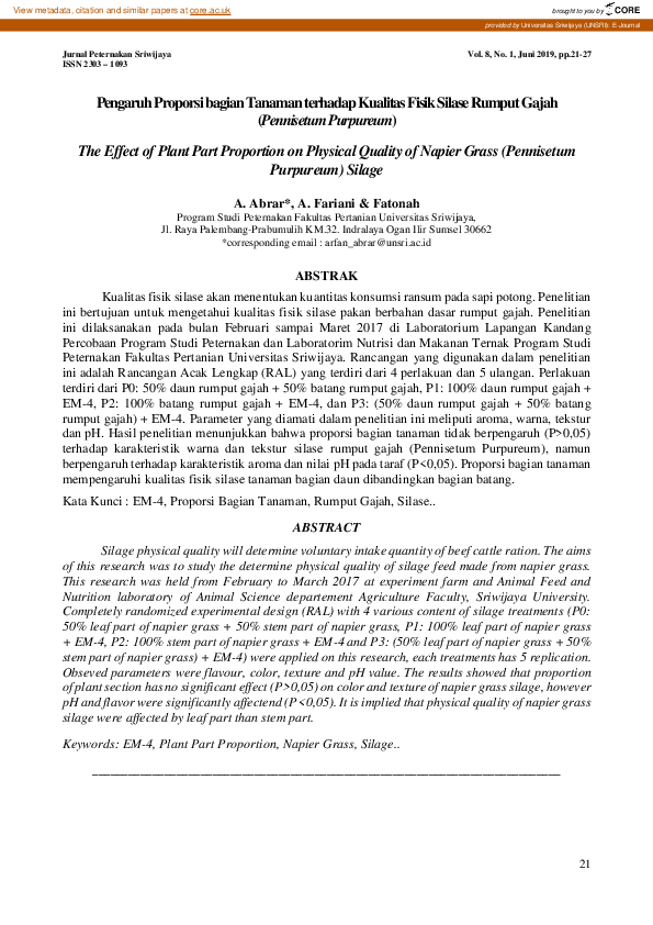 (PDF) Pengaruh Proporsi bagian Tanaman terhadap Kualitas Fisik Silase Rumput Gajah (Pennisetum ...