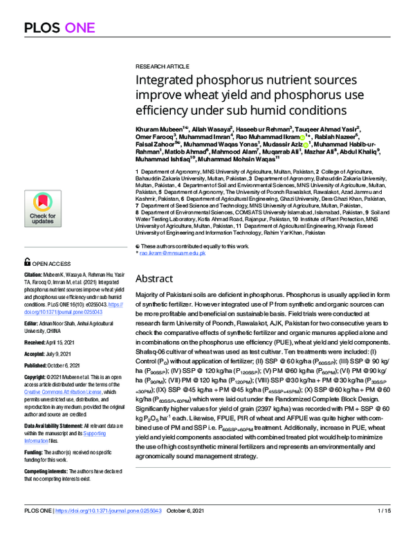 (PDF) Integrated phosphorus nutrient sources improve wheat yield and phosphorus use efficiency ...