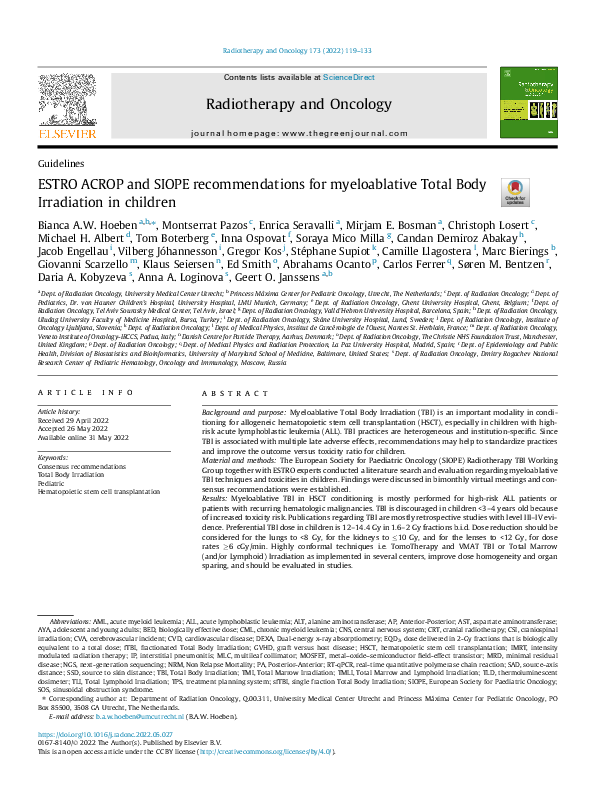 (PDF) ESTRO ACROP and SIOPE recommendations for myeloablative Total ...