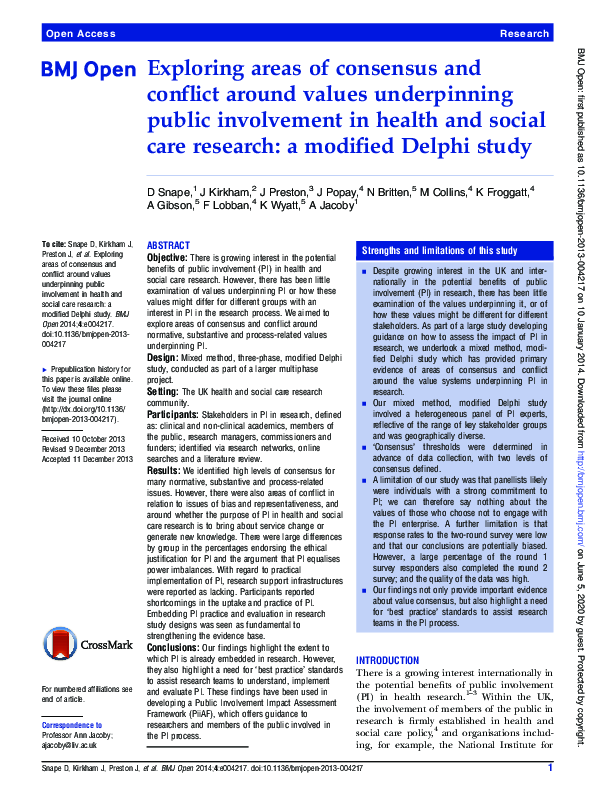 (PDF) Exploring areas of consensus and conflict around values underpinning public involvement in ...