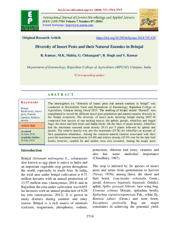 (PDF) Diversity of Insect Pests and their Natural Enemies Infesting ...