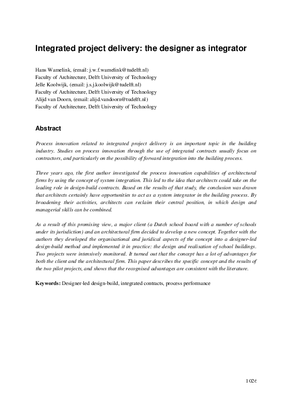 (PDF) Integrated project delivery: the designer as integrator
