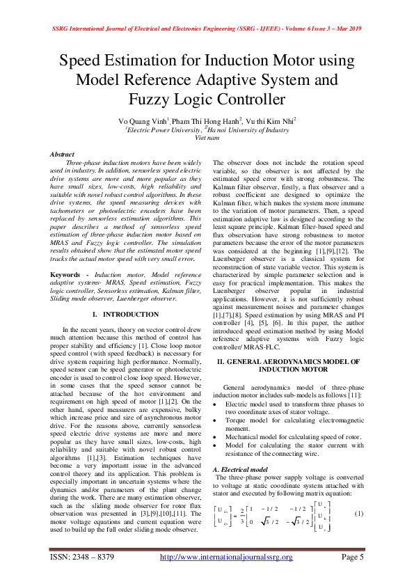 Pdf Speed Estimation For Induction Motor Using Model Reference Adaptive System And Fuzzy Logic
