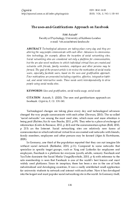 Pdf The Uses And Gratifications Approach On Facebook