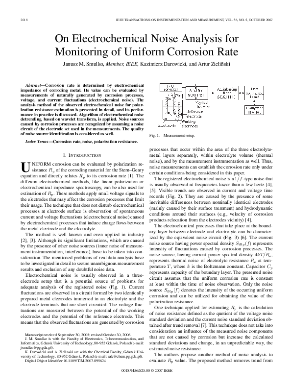 Pdf On Electrochemical Noise Analysis For Monitoring Of Uniform