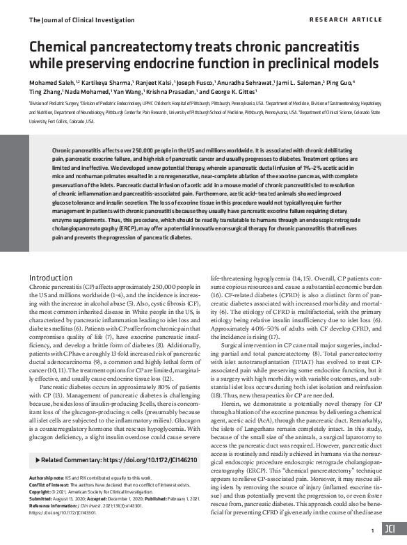 (PDF) Chemical pancreatectomy treats chronic pancreatitis while ...