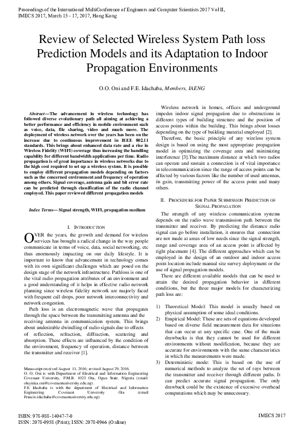 (PDF) Review of Selected Wireless System Path loss Prediction Models and its Adaptation to ...