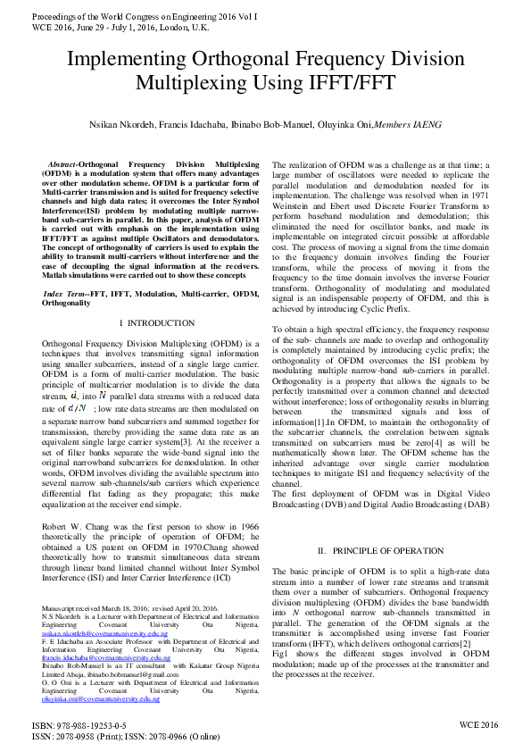 Pdf Implementing Orthogonal Frequency Division Multiplexing Using Ifftfft Francis Idachaba