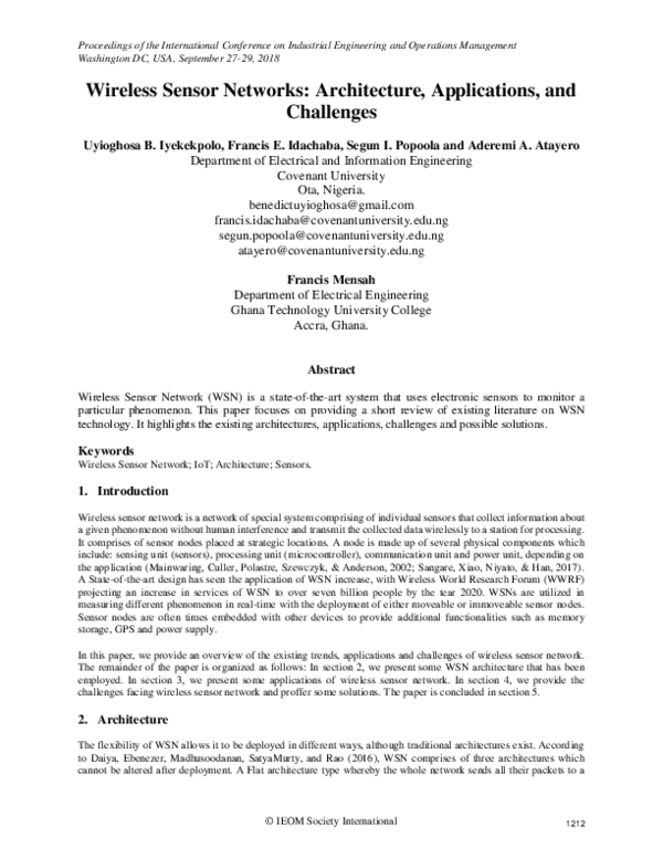 (PDF) Wireless Sensor Networks : Architecture , Applications , and Challenges