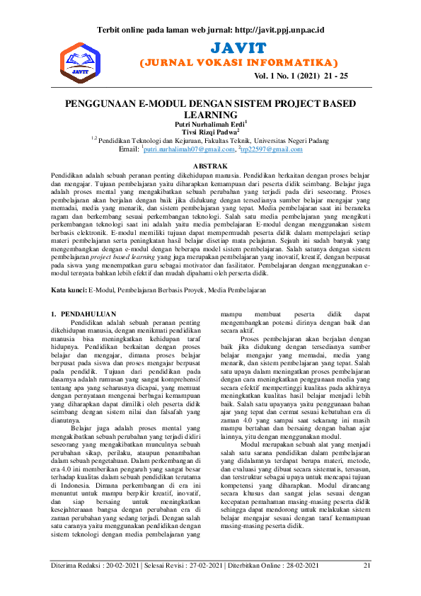 (PDF) Penggunaan E-Modul Dengan Sistem Project Based Learning