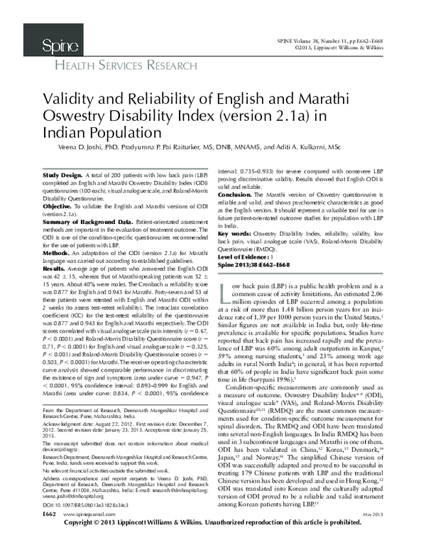 (PDF) Validity and Reliability of English and Marathi Oswestry Disability Index (version 2.1a ...