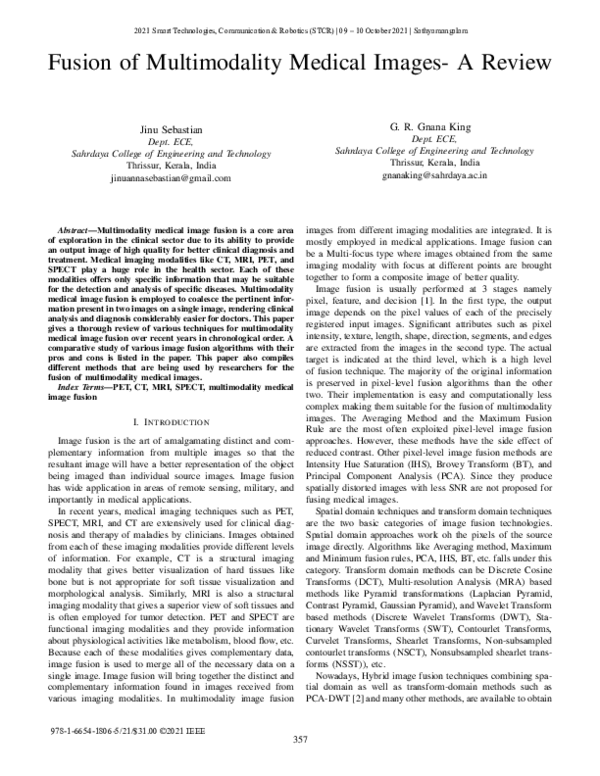 (PDF) Fusion of multimodality medical images: A review