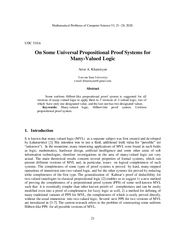 (PDF) On Some Universal Propositional Proof Systems for Many-Valued Logic