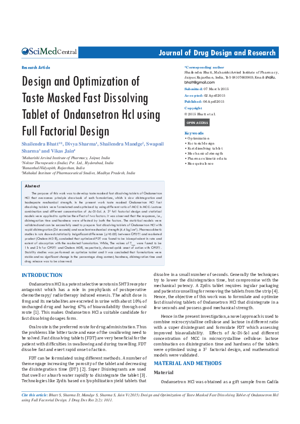 Pdf Design And Optimization Of Taste Masked Fast Dissolving Tablet Of Ondansetron Hcl Using