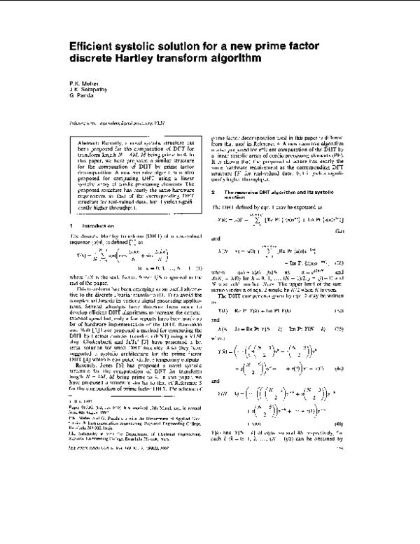 Pdf Efficient Systolic Solution For A New Prime Factor Discrete Hartley Transform Algorithm