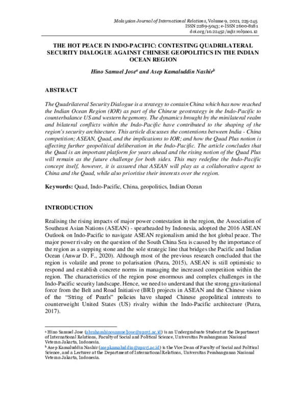(PDF) The Hot Peace in Indo-Pacific: Contesting Quadrilateral Security ...