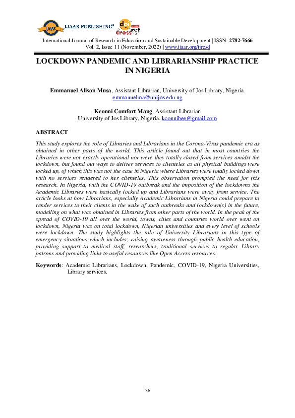 (PDF) LOCKDOWN PANDEMIC AND LIBRARIANSHIP PRACTICE IN NIGERIA