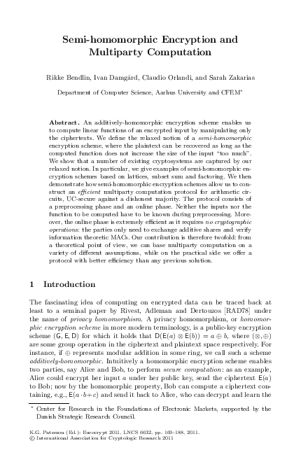 (PDF) Semi-homomorphic Encryption and Multiparty Computation