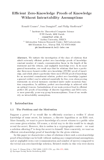 (PDF) Efficient Zero-Knowledge Proofs of Knowledge without Intractability Assumptions