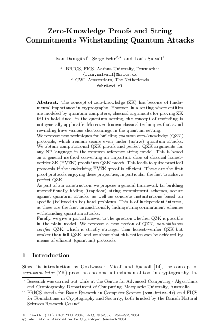 (PDF) Zero-Knowledge Proofs and String Commitments Withstanding Quantum ...