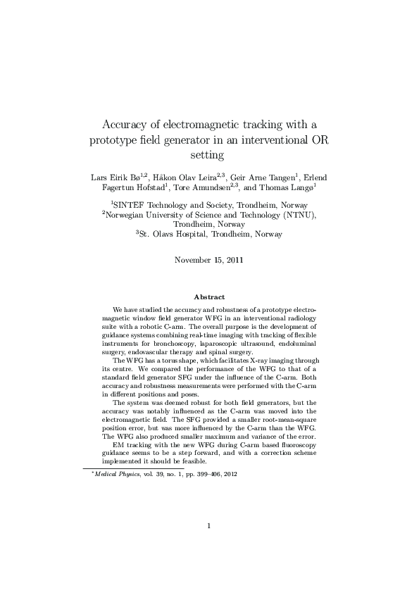 Pdf Accuracy Of Electromagnetic Tracking With A Prototype Field Generator In An Interventional