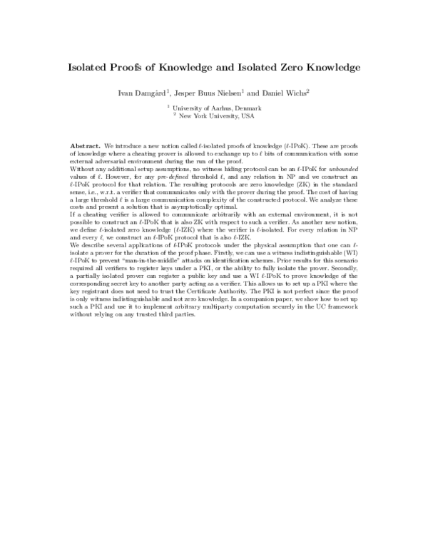 (PDF) Isolated Proofs of Knowledge and Isolated Zero Knowledge