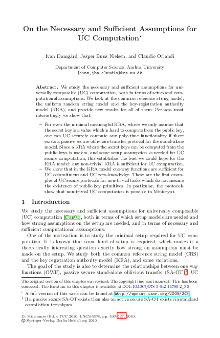 (PDF) On the Necessary and Sufficient Assumptions for UC Computation