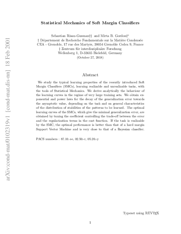 (PDF) Statistical mechanics of learning with soft margin classifiers