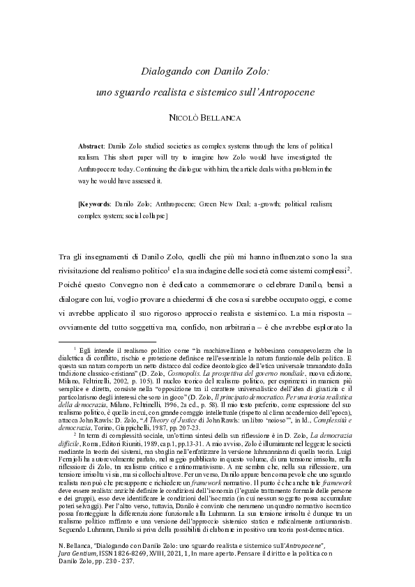 (PDF) Dialogando con Danilo Zolo: uno sguardo realista e sistemico sull’Antropocene