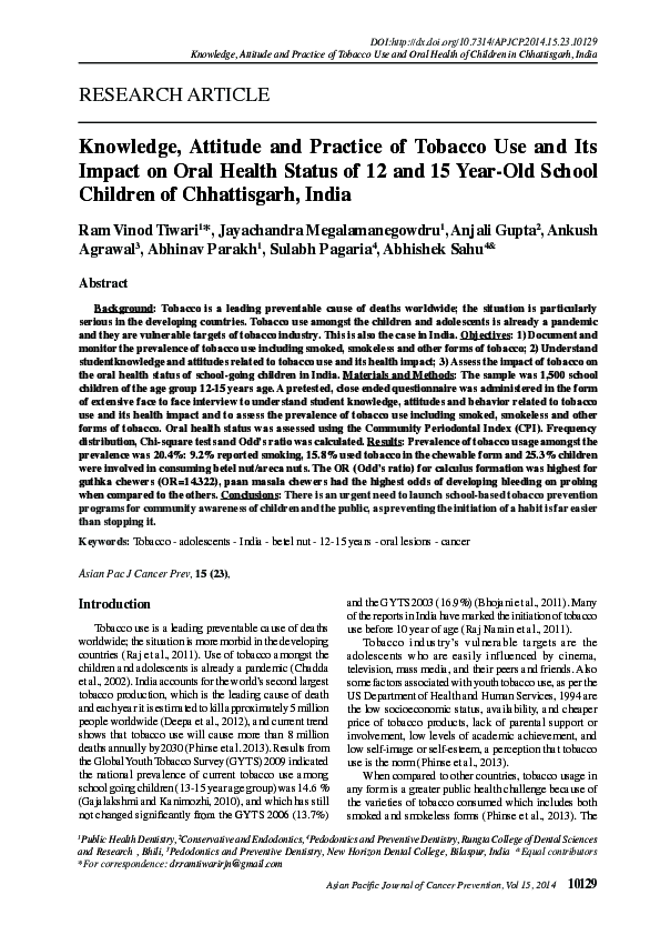 (PDF) Knowledge, attitude and practice of tobacco use among secondary ...