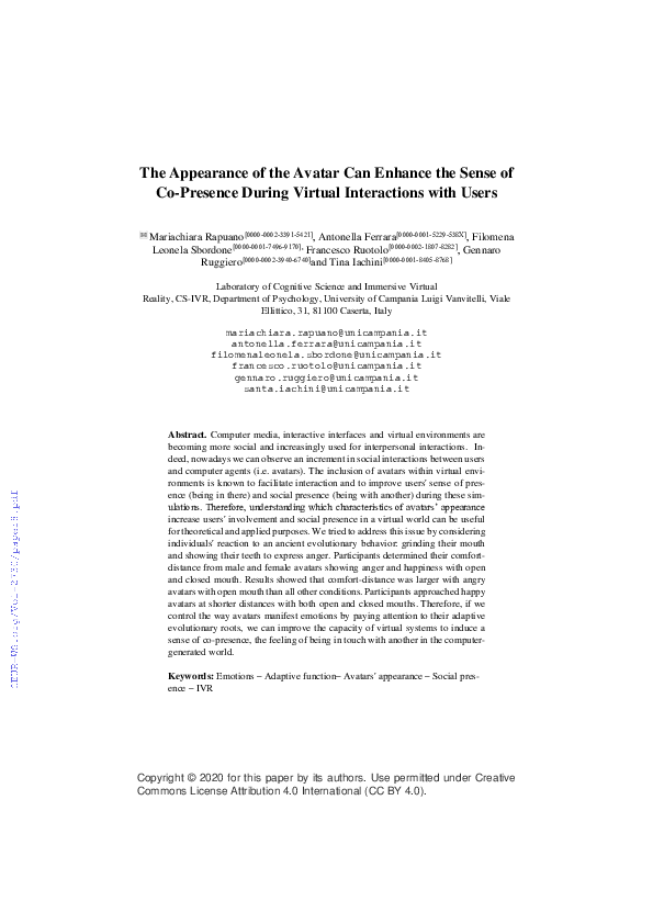 (PDF) The appearance of the avatar can enhance the sense of co-presence ...