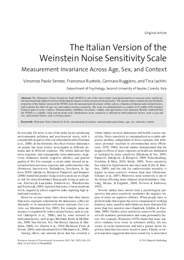(PDF) The Italian Version of the Weinstein Noise Sensitivity Scale