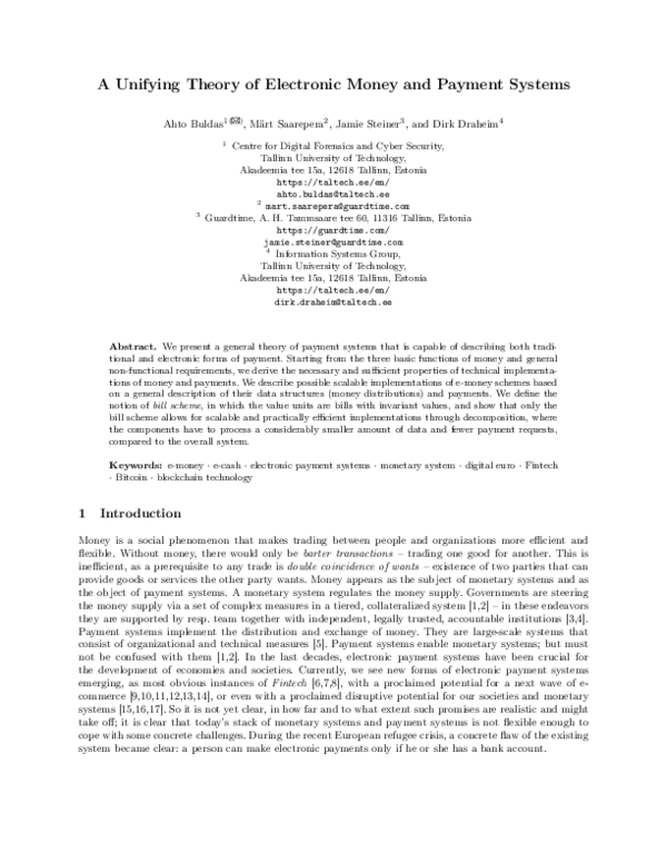(PDF) A Unifying Theory of Electronic Money and Payment Systems
