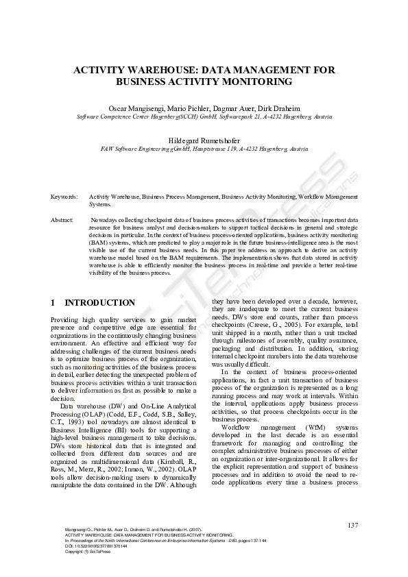 (PDF) Activity Warehouse: Data Management for Business Activity Monitoring