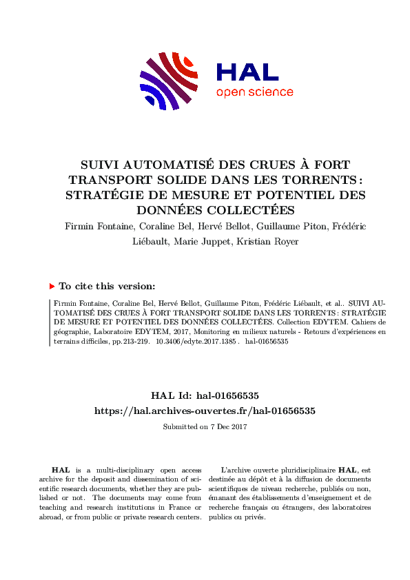 (PDF) Suivi automatisé des crues à fort transport solide dans les ...