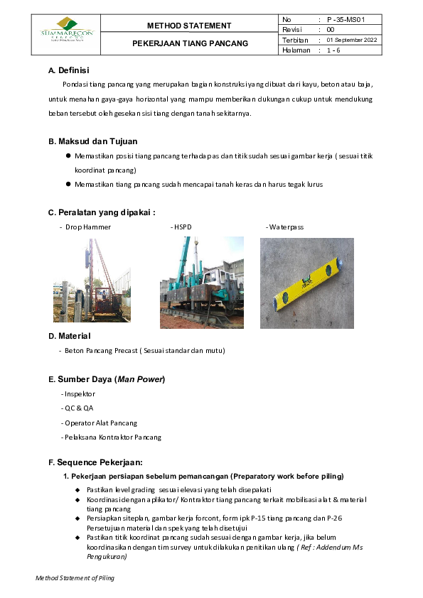(PDF) Method Statement of Piling