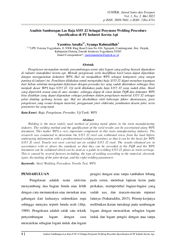 (PDF) Analisis Sambungan Las Baja S355 J2 Sebagai Penyusun Welding Procedure Specification di PT ...