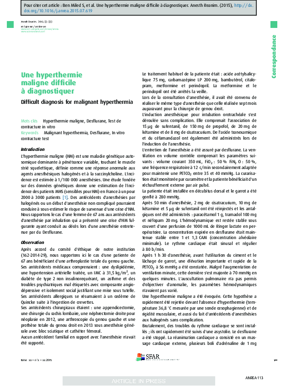 (PDF) Une hyperthermie maligne difficile à diagnostiquer