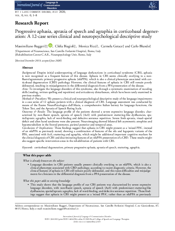(PDF) Progressive aphasia, apraxia of speech and agraphia in corticobasal degeneration: A 12 ...