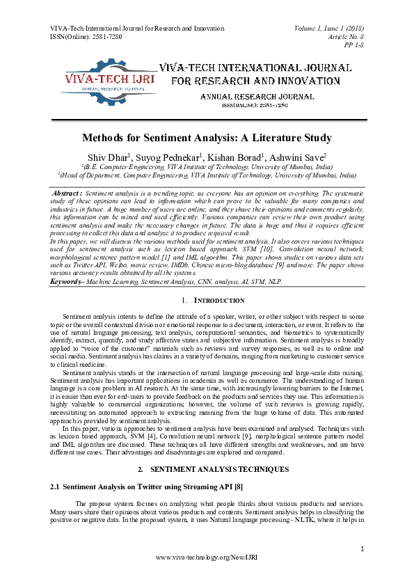 (PDF) Methods for Sentiment Analysis: A Literature Study