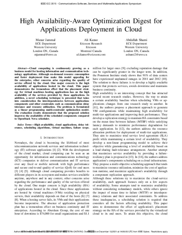 (PDF) High availability-aware optimization digest for applications deployment in cloud
