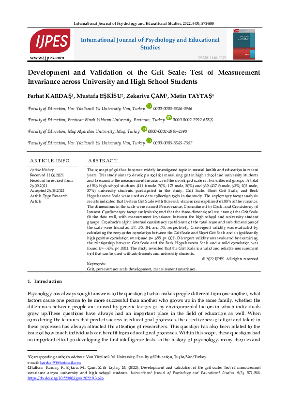 (PDF) Development and Validation of the Grit Scale: Test of Measurement ...