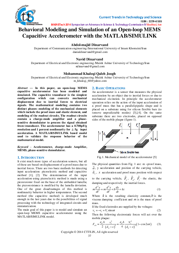 Pdf Behavioral Modeling And Simulation Of An Open Loop Mems Capacitive Accelerometer With The 