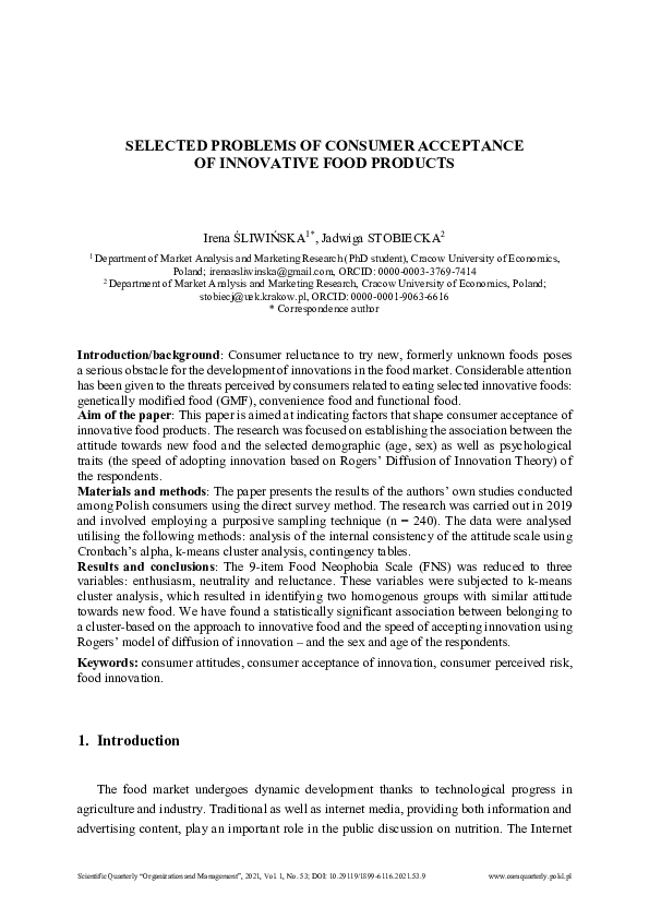 (PDF) Selected Problems of Consumer Acceptance of Innovative Food Products