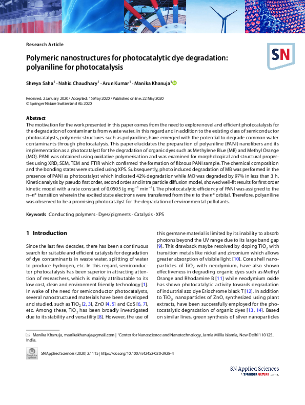 (PDF) Polymeric nanostructures for photocatalytic dye degradation: polyaniline for photocatalysis