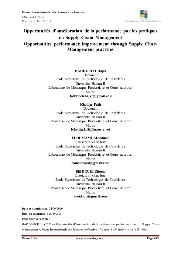 (PDF) Opportunités d'amélioration de la performance par les pratiques du Supply Chain Management