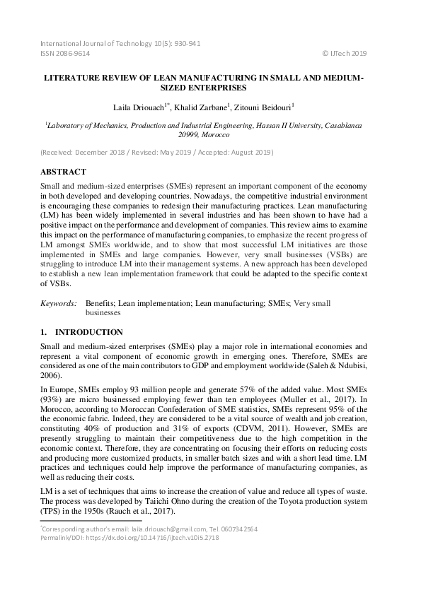 (PDF) Literature Review of Lean Manufacturing in Small and Medium-sized Enterprises