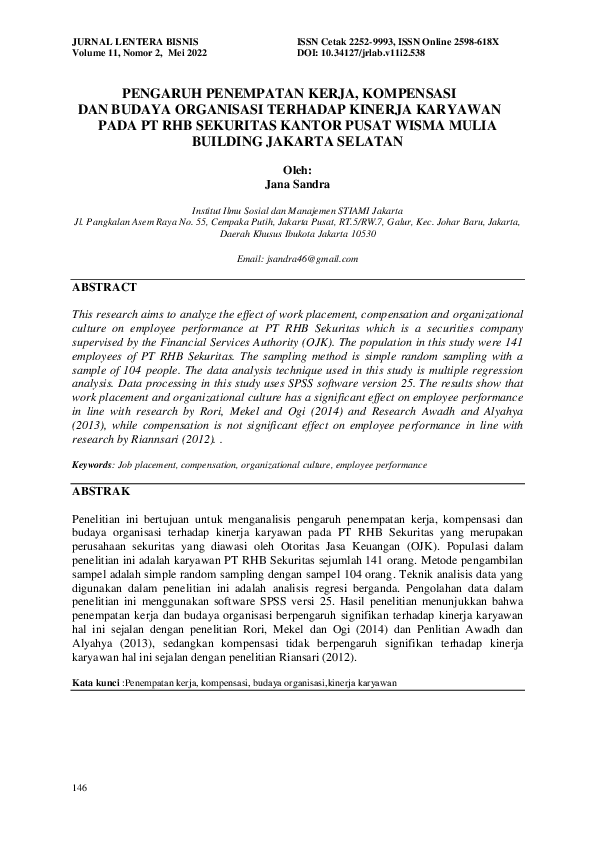 (PDF) Pengaruh Penempatan Kerja, Kompensasi Dan Budaya Organisasi ...